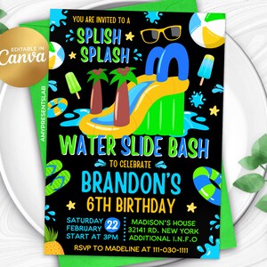 Water Slide Birthday Splash Party Invitation, Water Slide Invitation ...