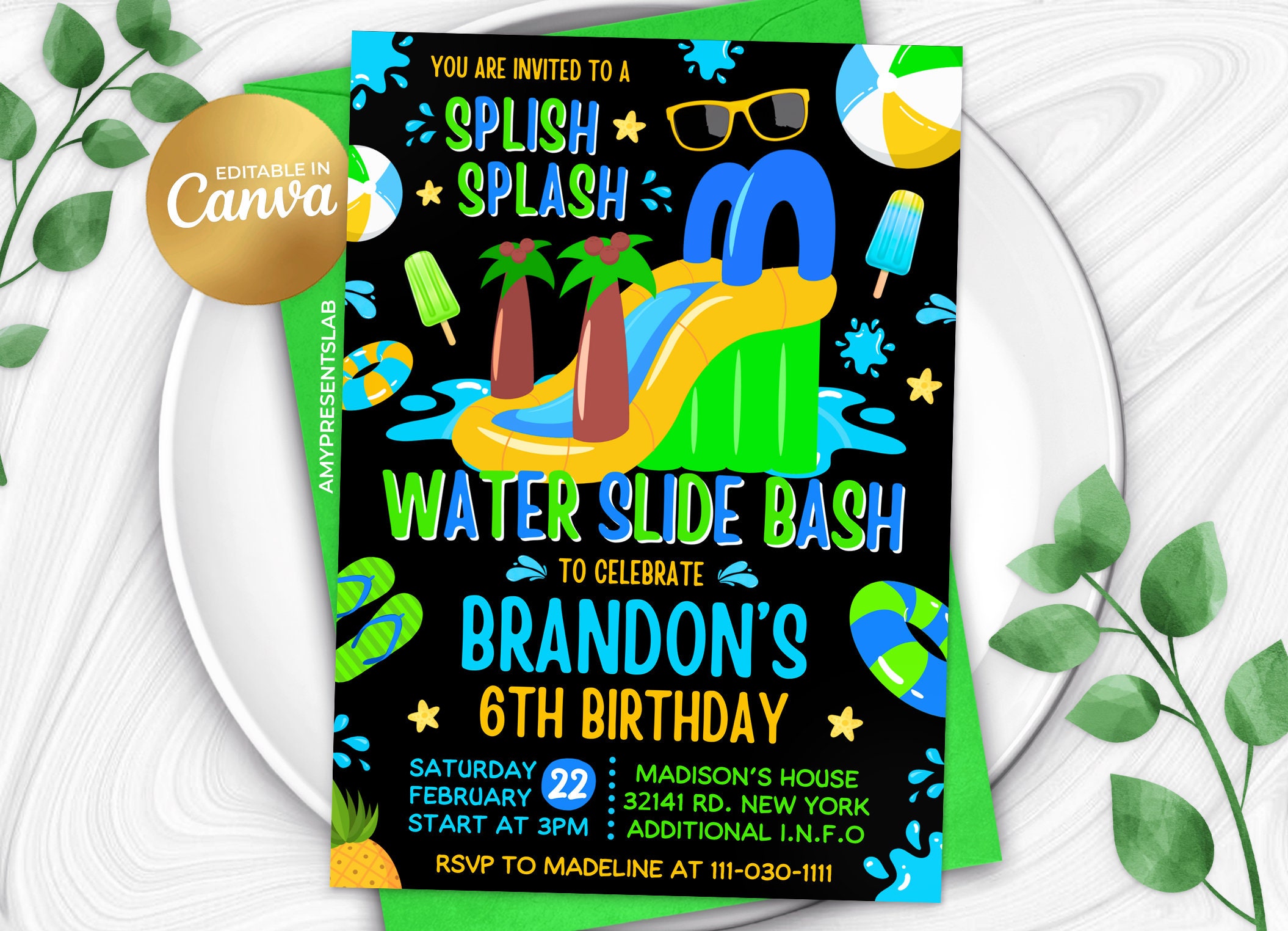 Water Slide Birthday Splash Party Invitation, Water Slide Invitation ...