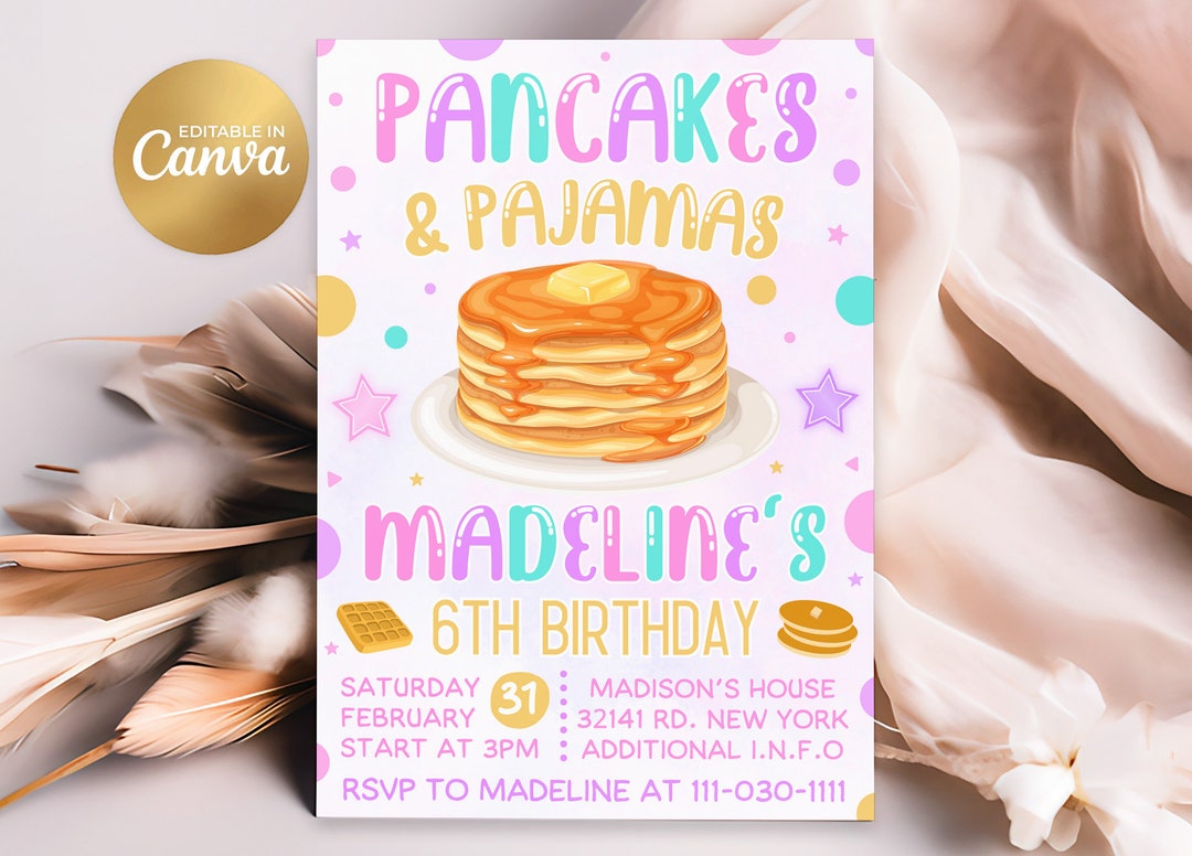 Pancakes and Pajamas Birthday Invitation, Pancake Invitation, Editable ...