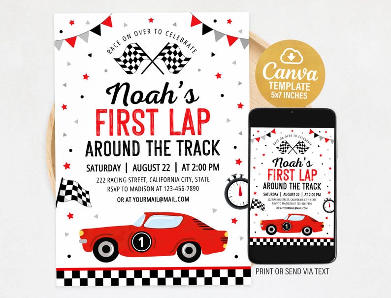 Race Car First Birthday Invitation, First Lap Around the Track ...