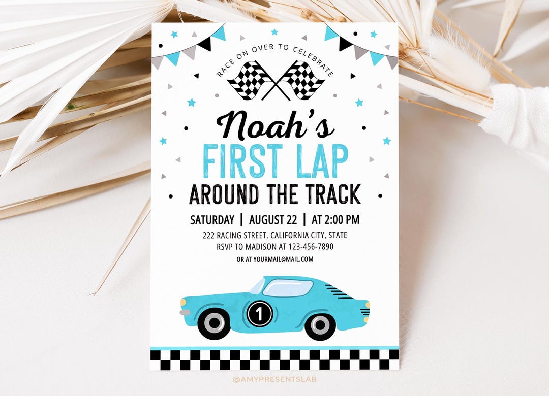 Race Car First Birthday Invitation, First Lap Around the Track ...