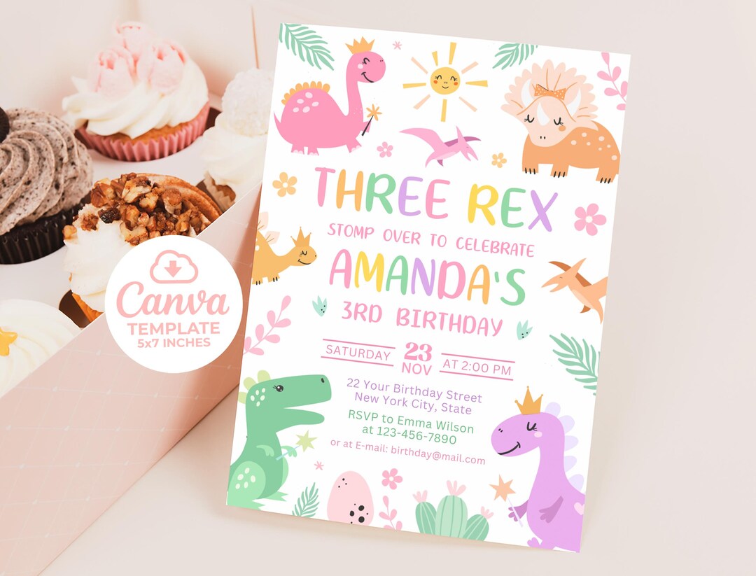 Three Rex Birthday Invitation, Girl Three Rex Dinosaur Invitation, 3rd ...