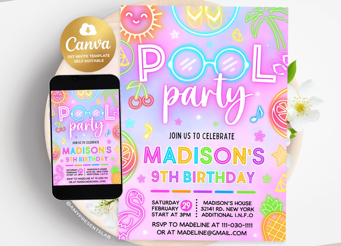 Pool Party Invitation, Glow Neon Swimming Party Invitation, Tropical ...