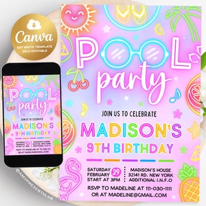 Pool Party Invitation, Glow Neon Swimming Party Invitation, Tropical ...