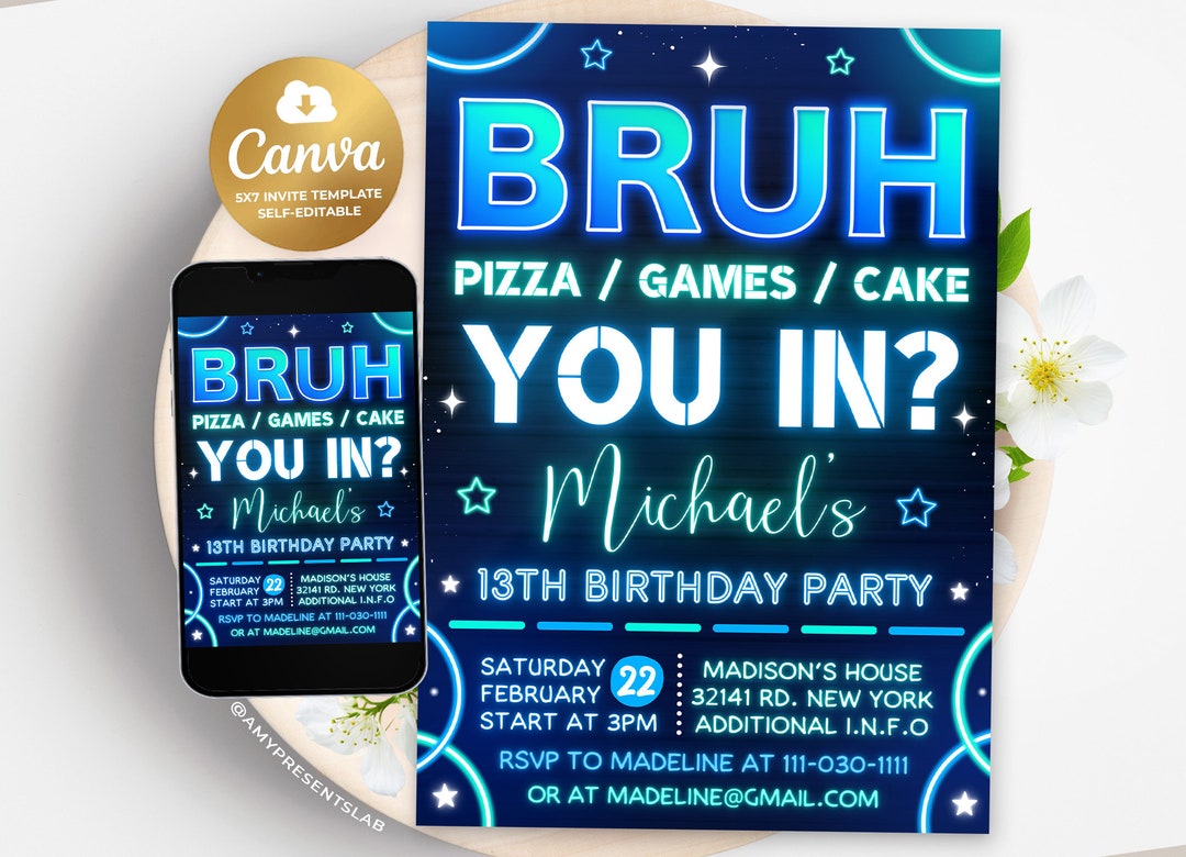 Bruh Neon Birthday Invitation, Bruh Invitation, Editable Boy Teenager ...