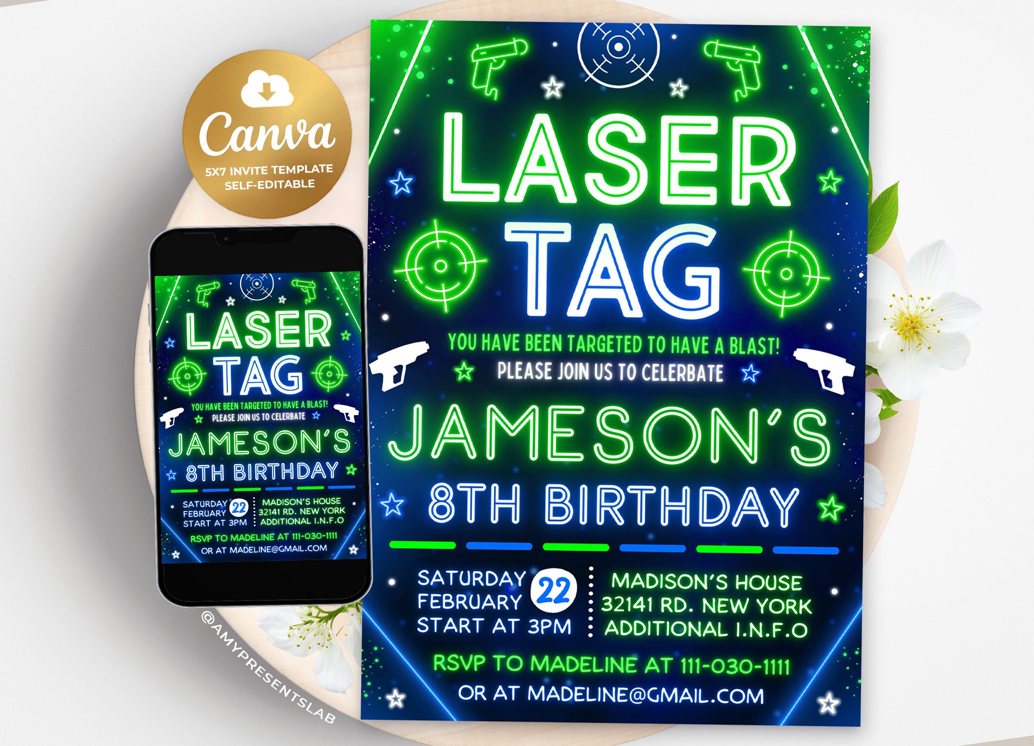 Laser Tag Birthday Invitation, Laser Tag Invitation, Neon Glow Laser ...