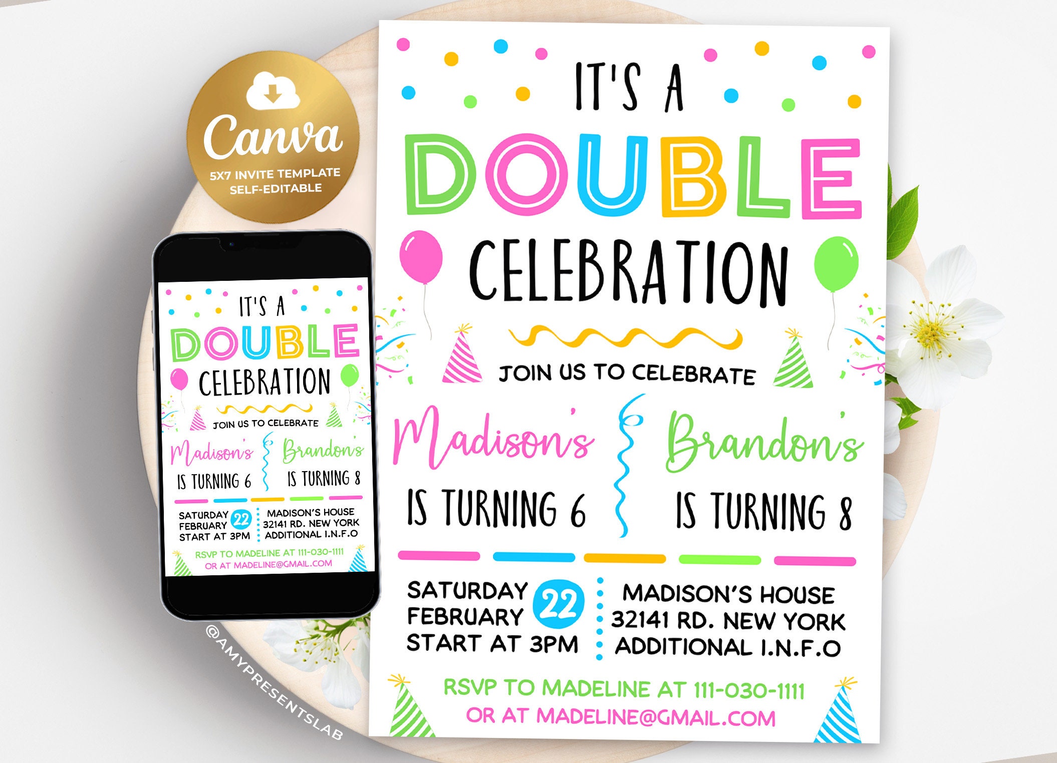 Sibling Birthday Invitation, Double Birthday Invitation, Editable Kids ...