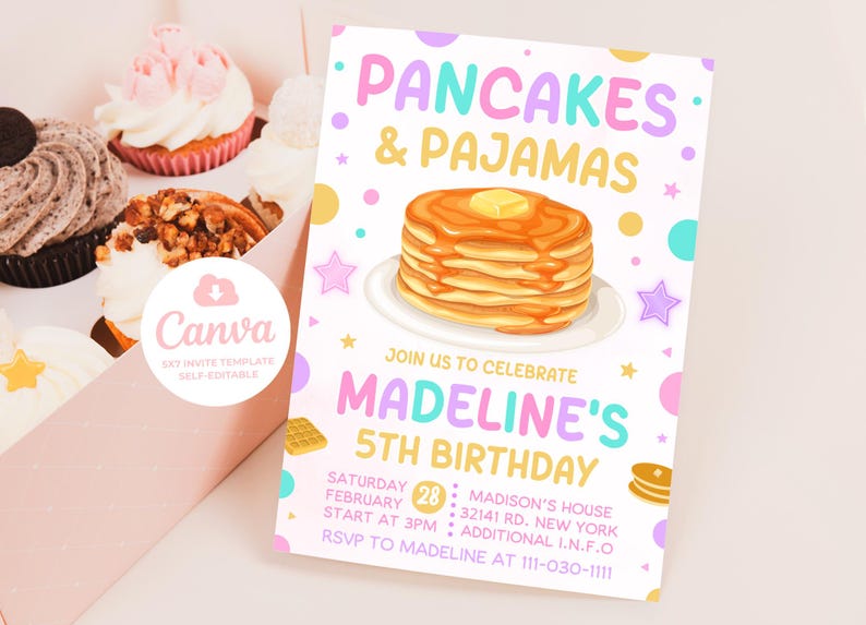 Pancakes And Pajamas Birthday Invitation Pancake Invitation Editable