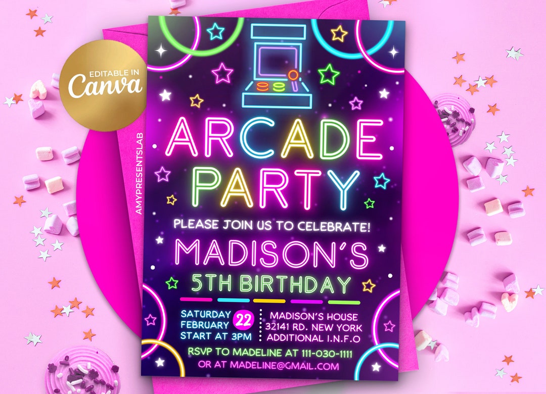 Arcade Party Birthday Invitation, Arcade Party Invitation, Editable ...
