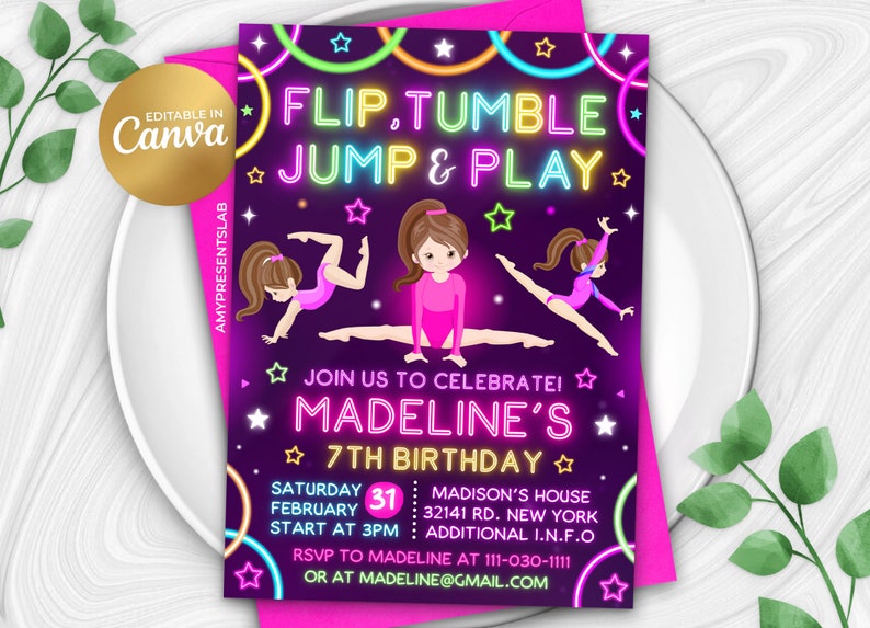 Gymnastics Birthday Invitation, Gymnastics Party Invitation, Girl ...