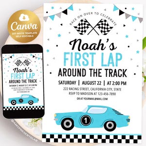 Race Car First Birthday Invitation, First Lap Around the Track ...