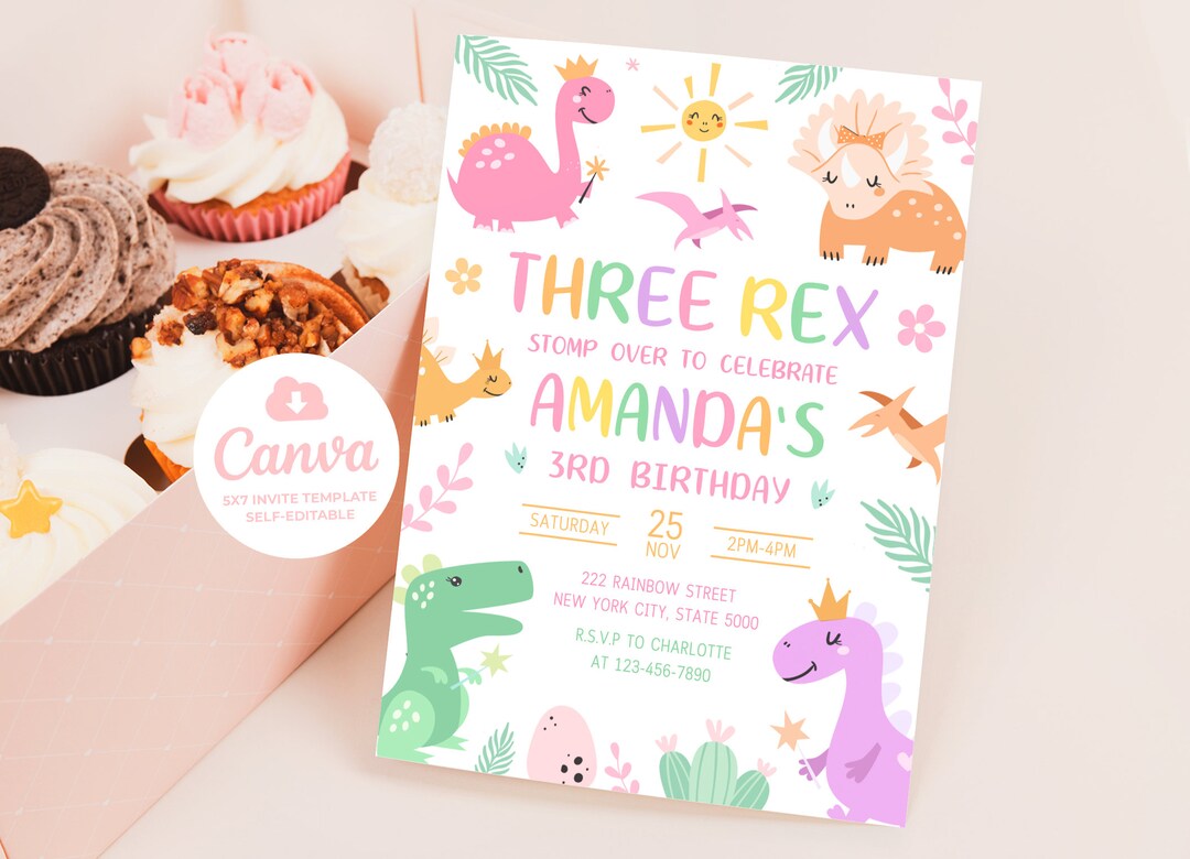 Three Rex Birthday Invitation, Girl Three Rex Dinosaur Invitation, 3rd ...