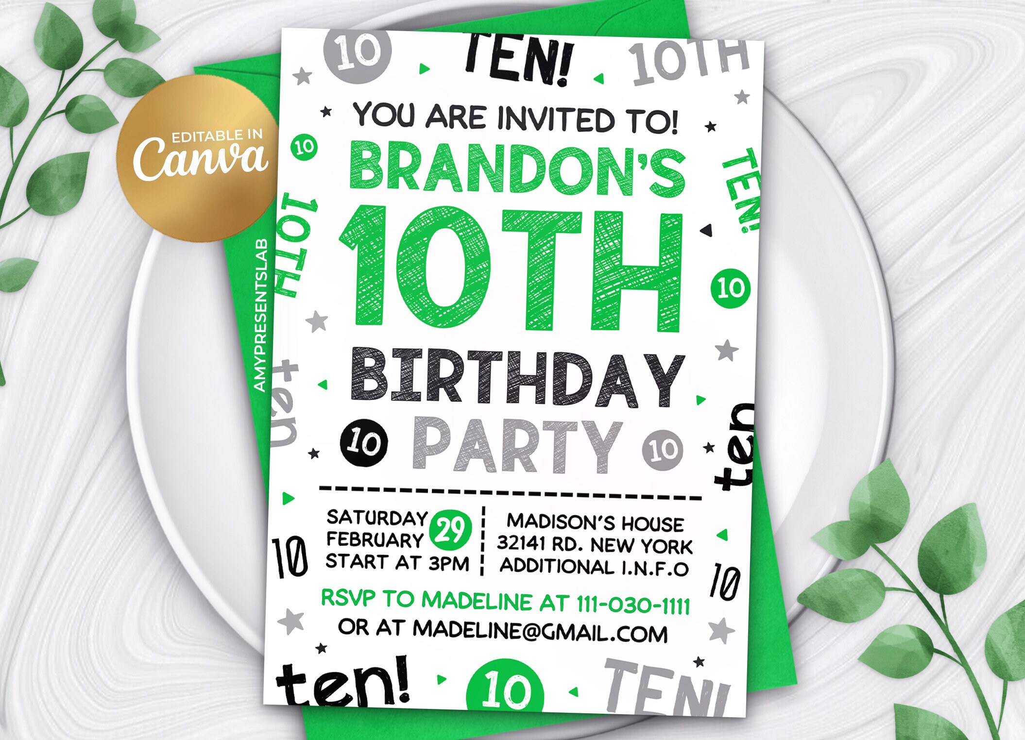 10th Birthday Invitation, 10th Invitation, Editable Boy 10th Birthday ...