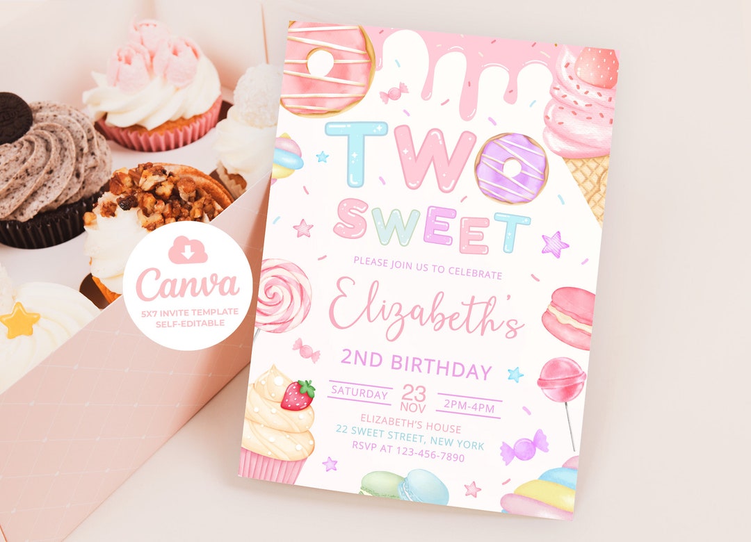 Two Sweet Birthday Invitation, Pastel Donut Party, 5x7 Canva (digital ...