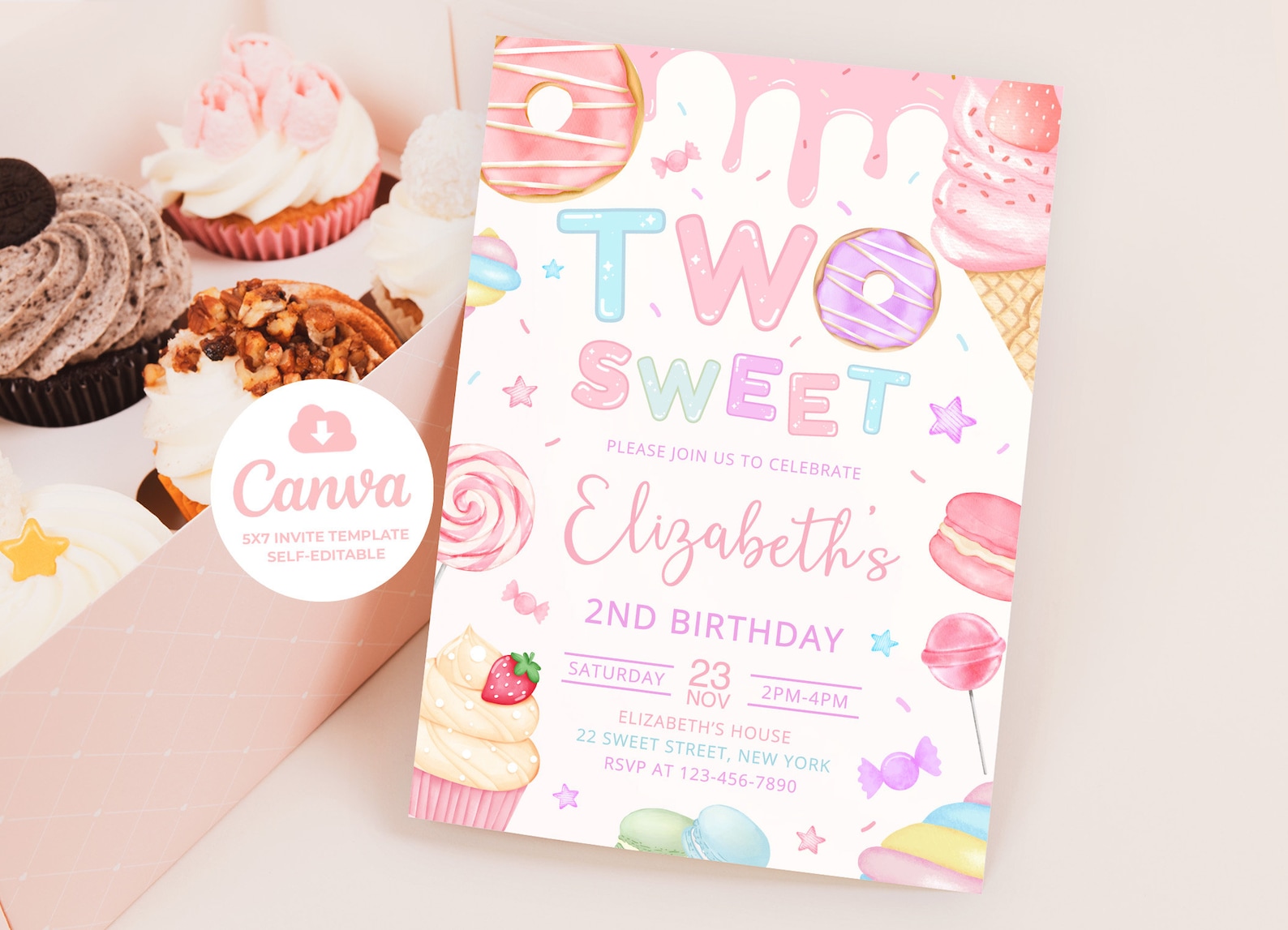 Two Sweet Birthday Invitation, Pastel Sweets Invitation, Donut Birthday ...