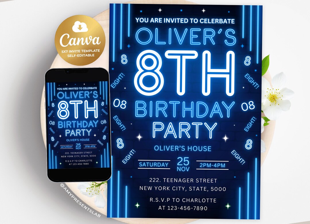 8th Birthday Invitation, Boy 8th Invitation, Editable Neon 8th Birthday ...
