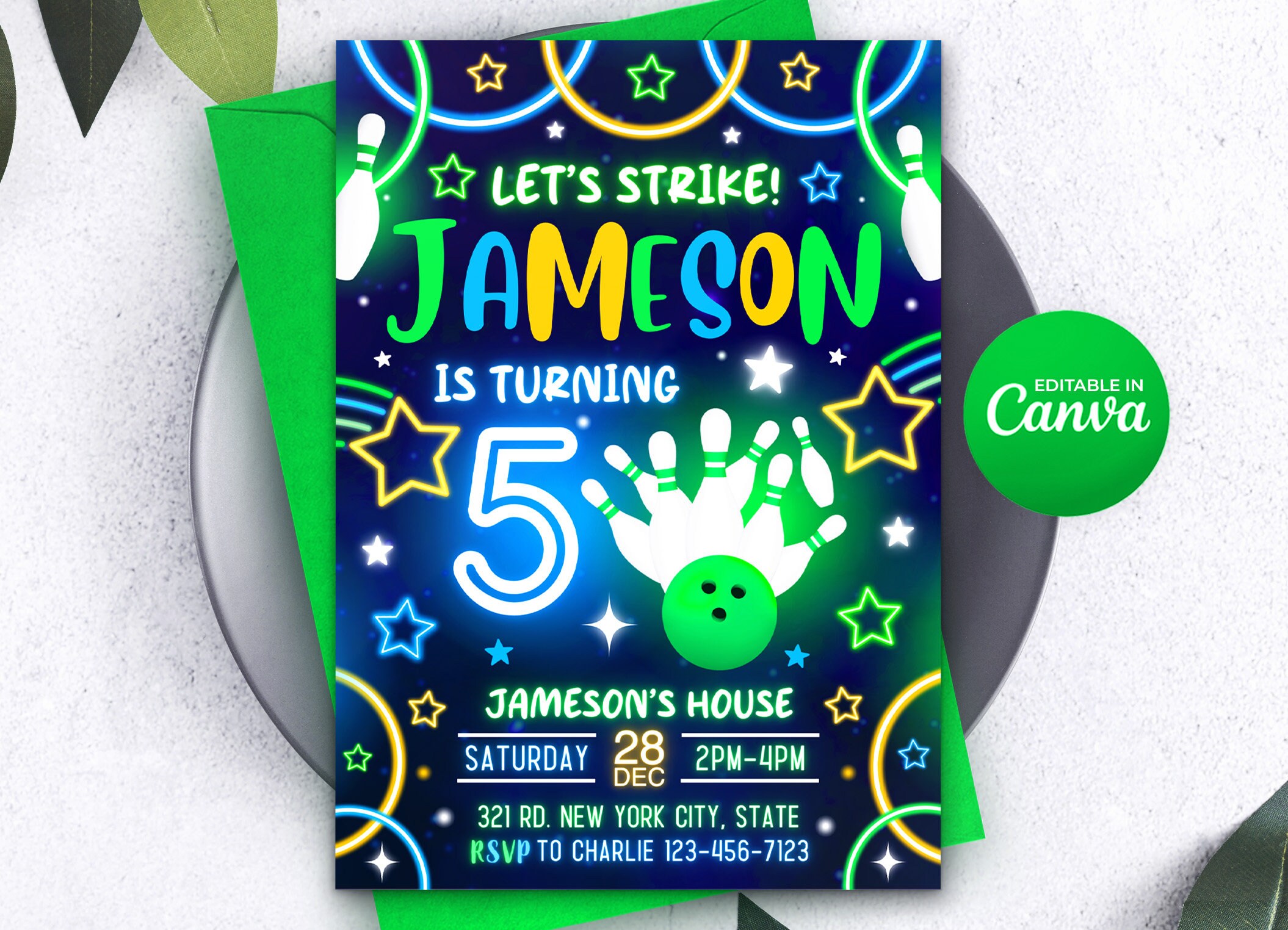 Bowling Birthday Invitation, Bowling Invitation, Editable Kids Neon ...