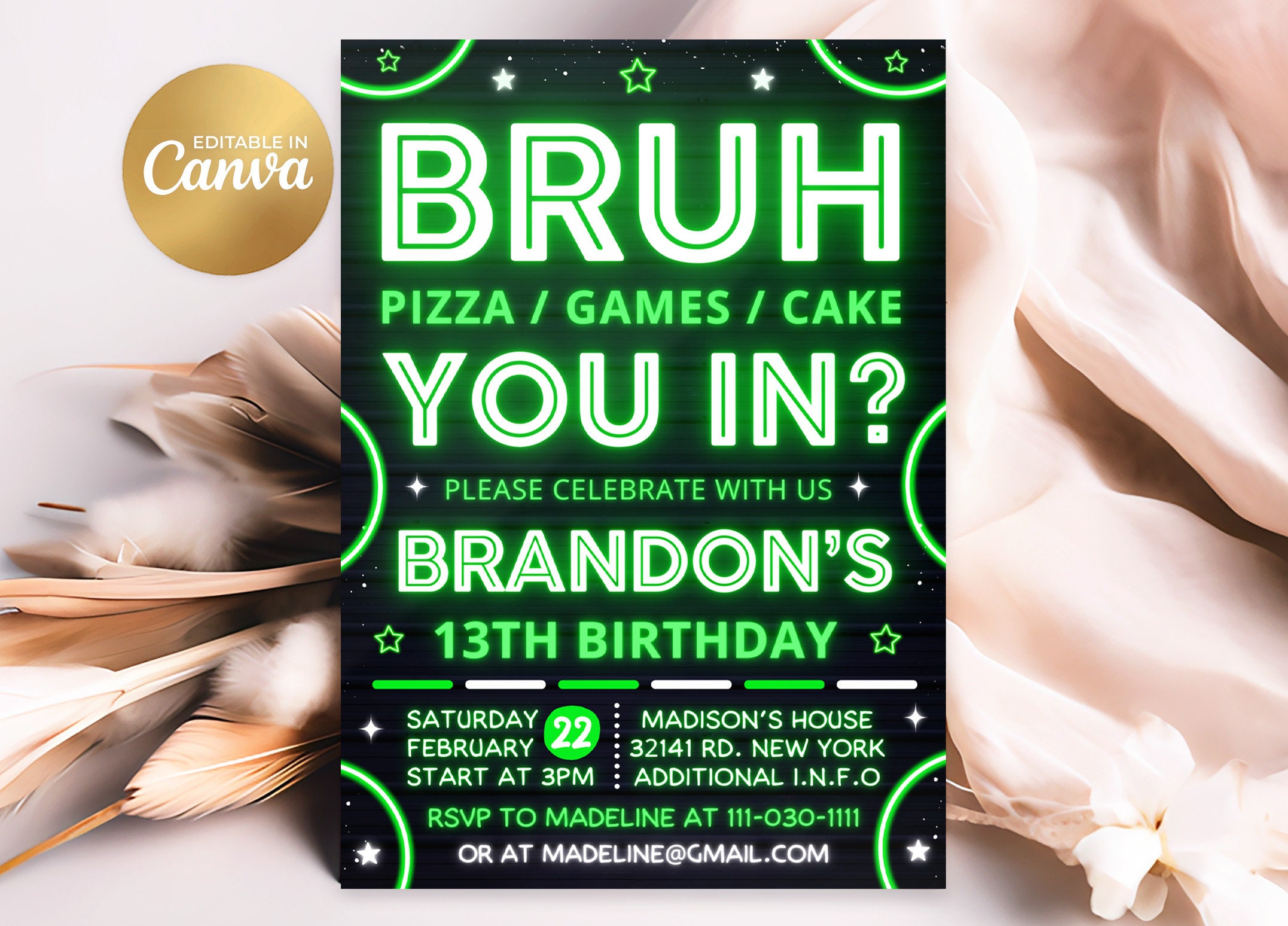 Bruh Neon Birthday Invitation, Bruh Invitation, Editable Boy Teenager ...