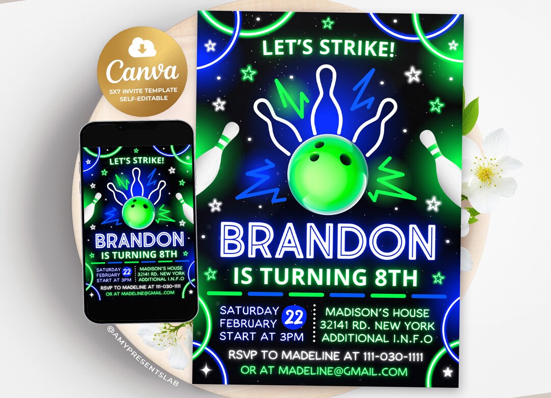 Bowling Birthday Invitation, Bowling Invitation, Editable Kids Neon ...