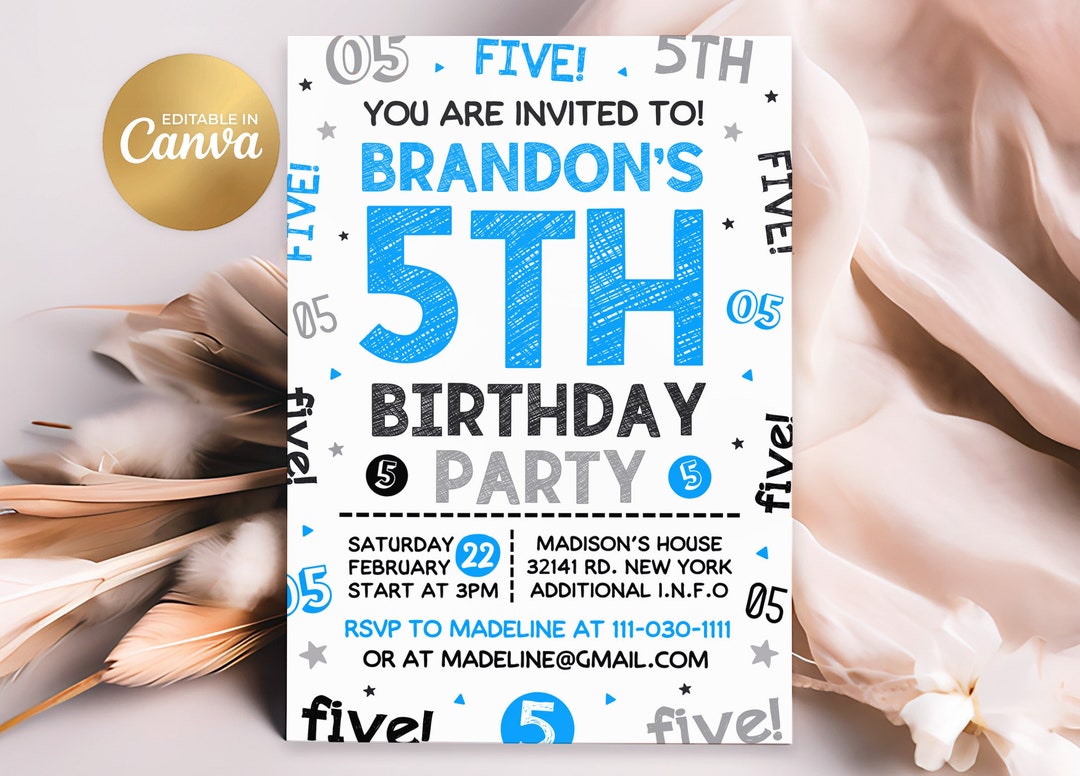 5th Birthday Invitation, 5th Invitation, Editable Boy 5th Birthday ...