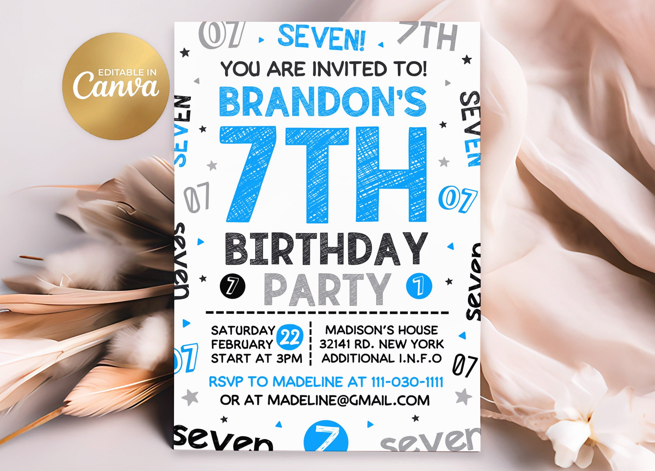 7th Birthday Invitation, 7th Invitation, Editable Boy 7th Birthday ...