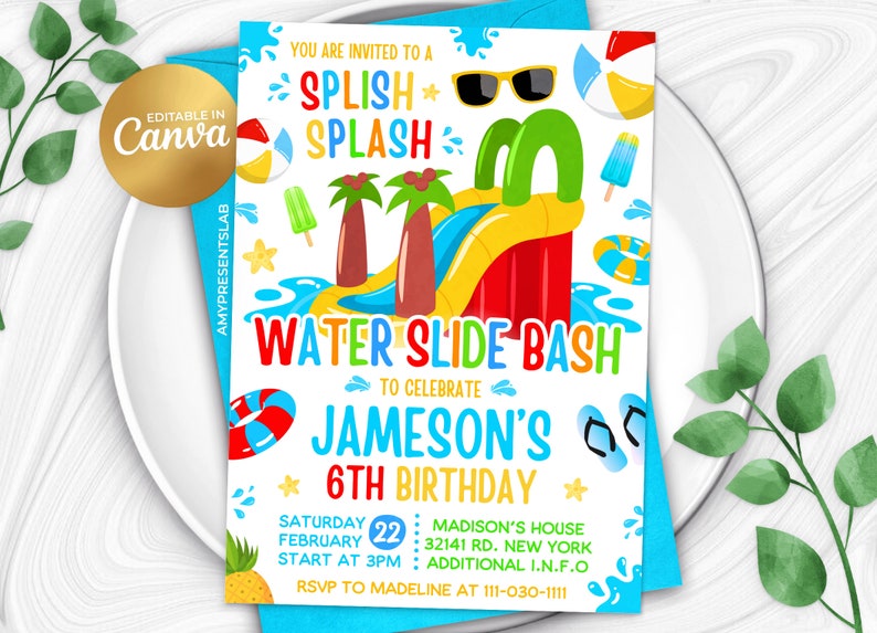 Water Slide Birthday Splash Party Invitation, Water Slide Invitation ...