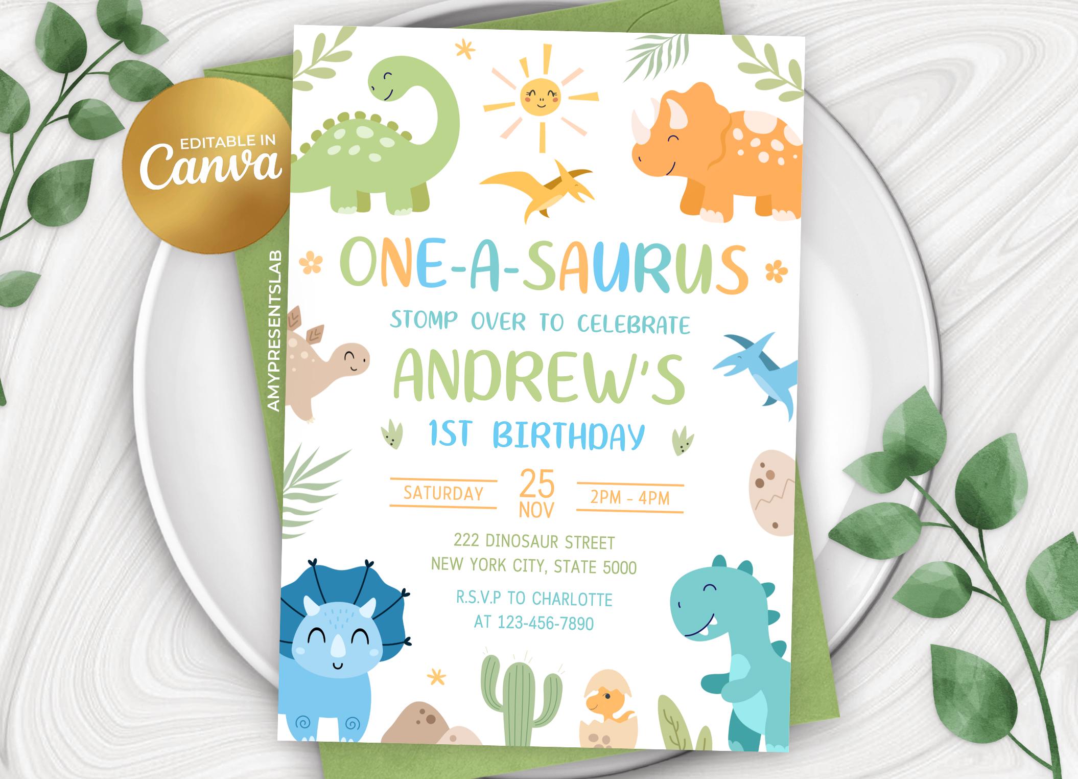 Dinosaur First Birthday Invitation, Boy One-a-saurus Dinosaur ...