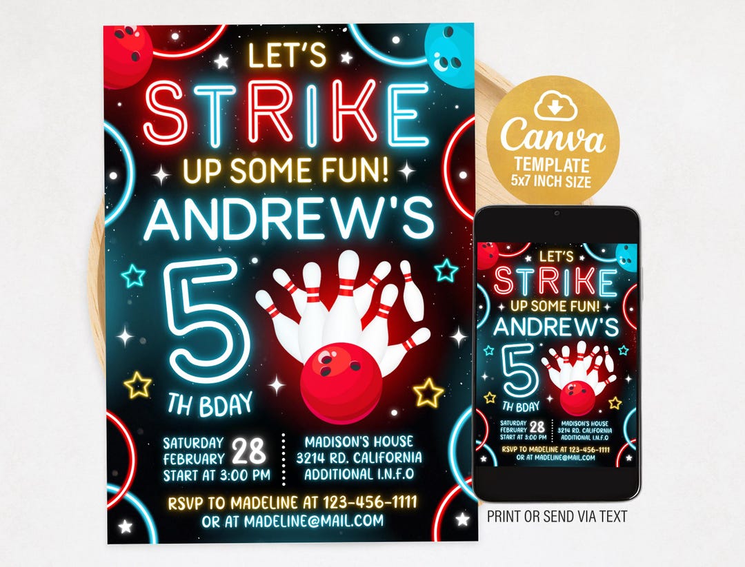 Bowling Birthday Invitation, Bowling Invitation, Editable Neon Strike ...