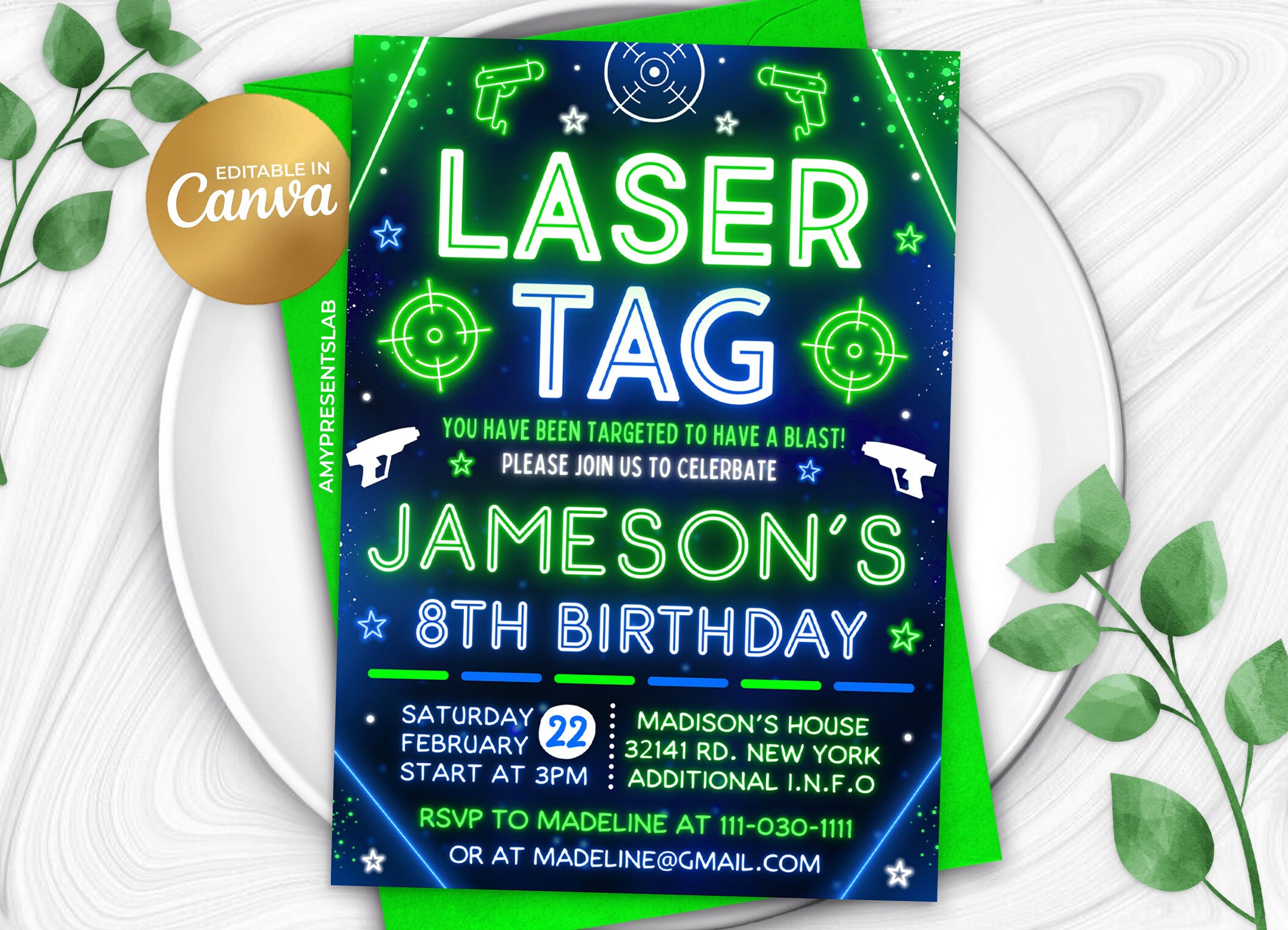 Laser Tag Birthday Invitation, Laser Tag Invitation, Neon Glow Laser ...