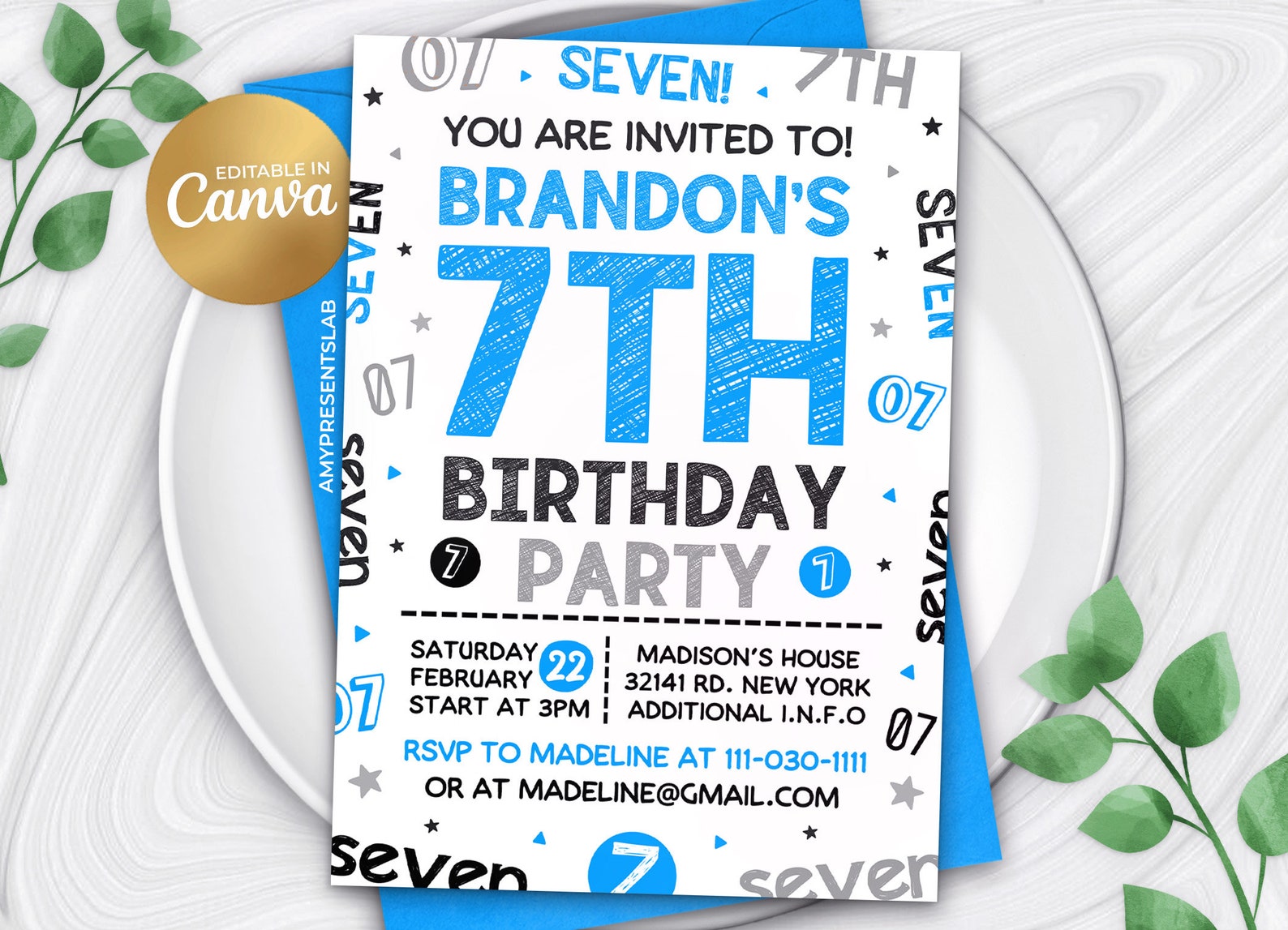 7th Birthday Invitation, 7th Invitation, Editable Boy 7th Birthday ...