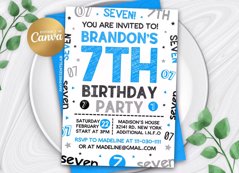 7th Birthday Invitation, 7th Invitation, Editable Boy 7th Birthday ...