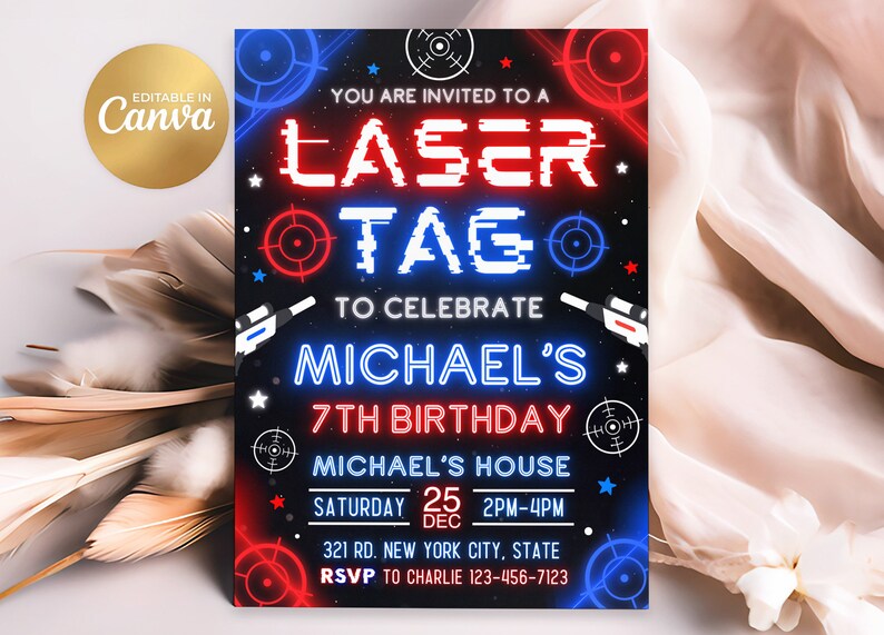 Laser Tag Birthday Invitation, Laser Tag Invitation, Neon Glow Laser ...