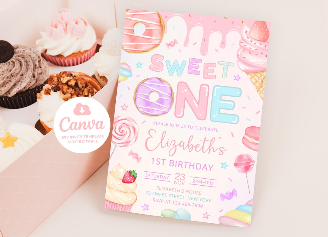 Sweet One Birthday Invitation, Pastel Donut Party, 5x7 Canva (digital ...