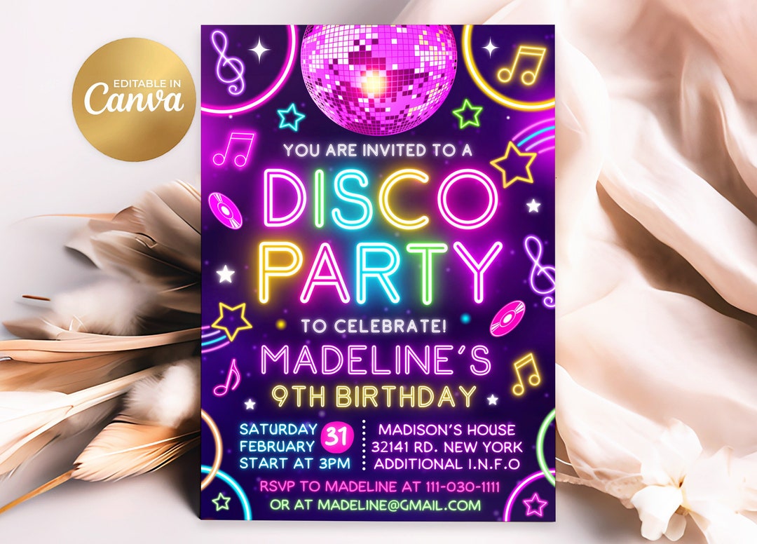 Disco Party Birthday Invitation, Disco Invitation, Editable Kids Dance ...