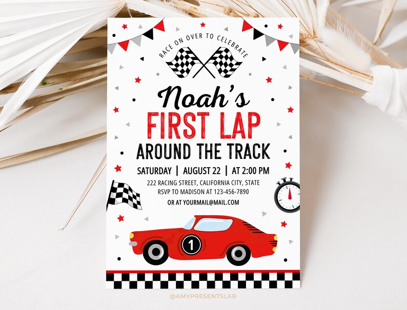 Race Car First Birthday Invitation, First Lap Around the Track ...