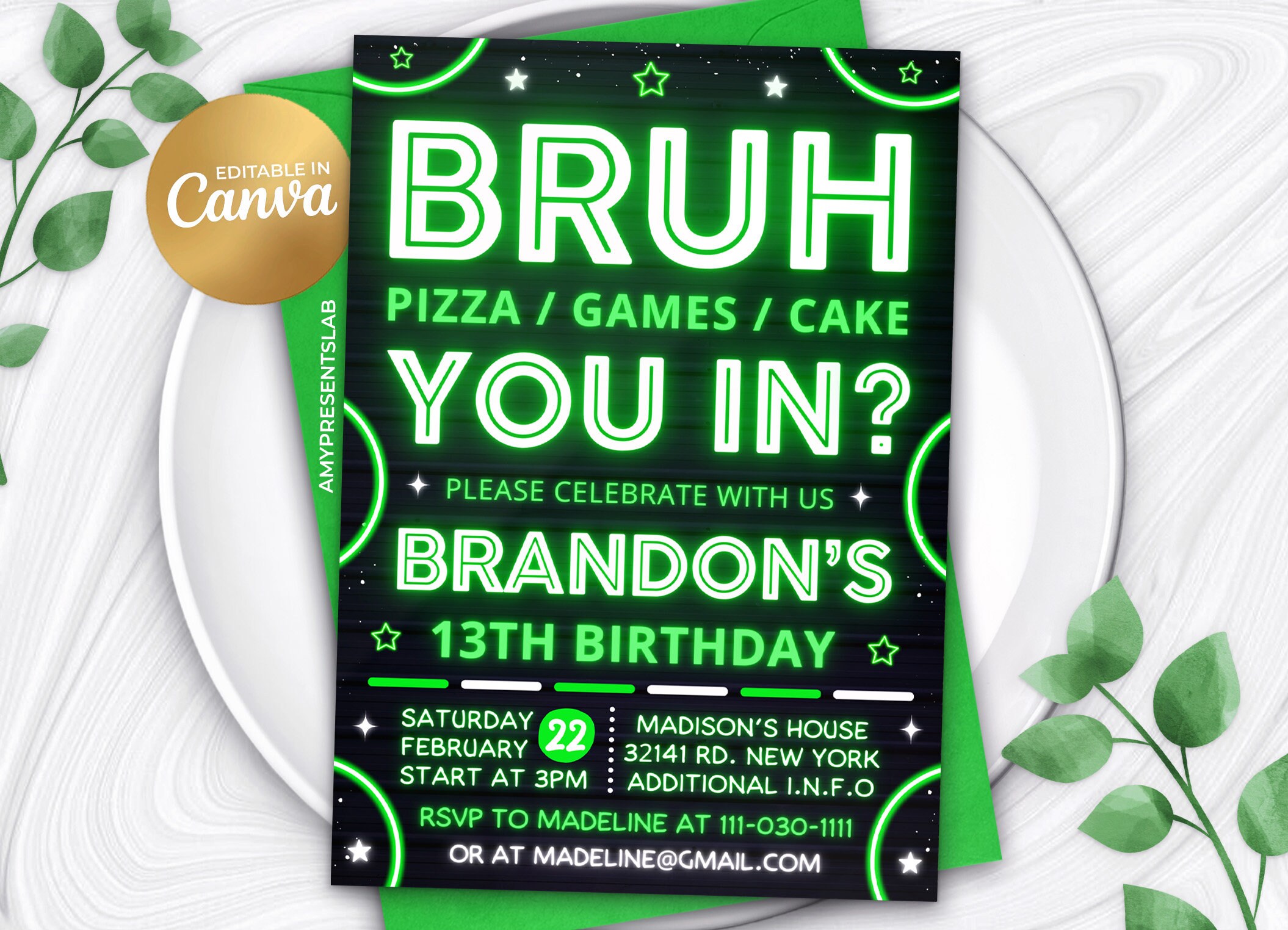 Bruh Neon Birthday Invitation, Bruh Invitation, Editable Boy Teenager ...
