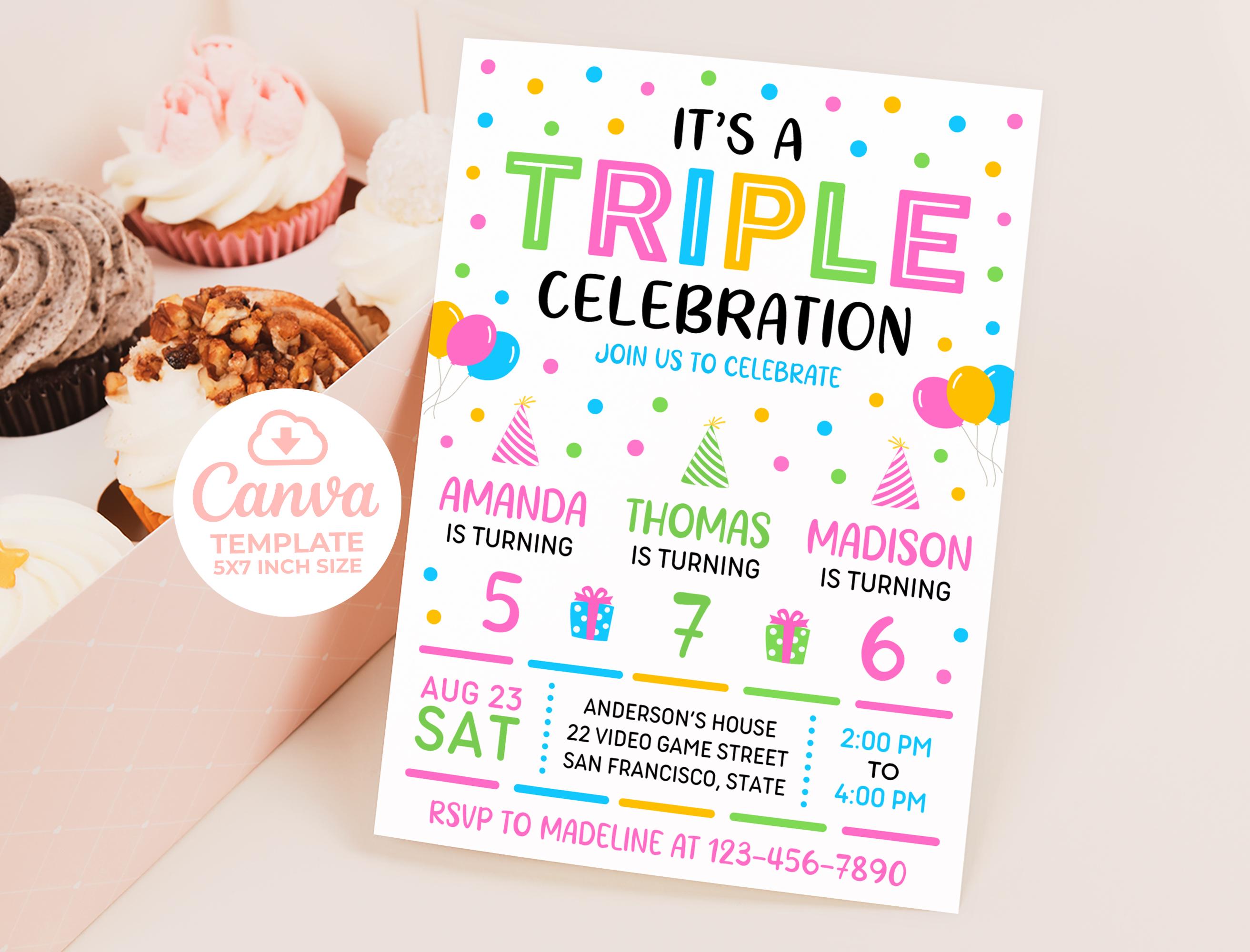 Triple Birthday Invitation, Siblings Birthday Invite, Triple Birthday ...