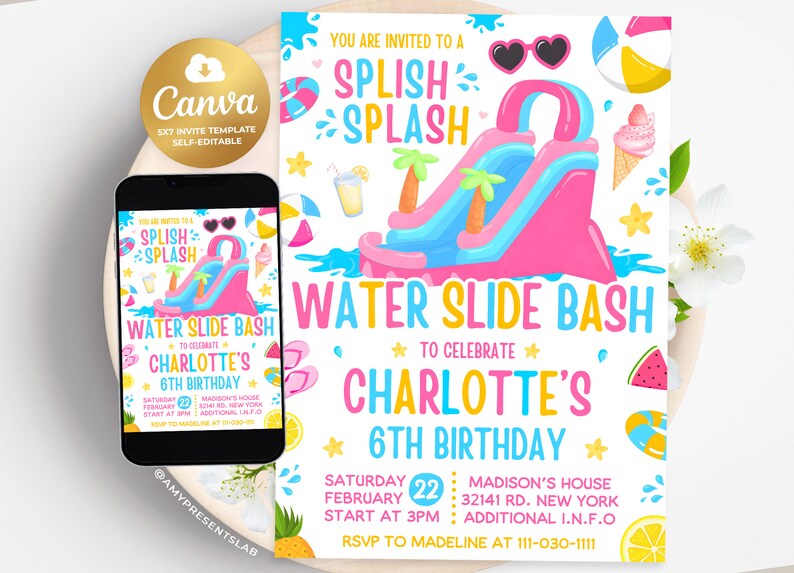 Water Slide Birthday Splash Party Invitation, Water Slide Invitation ...