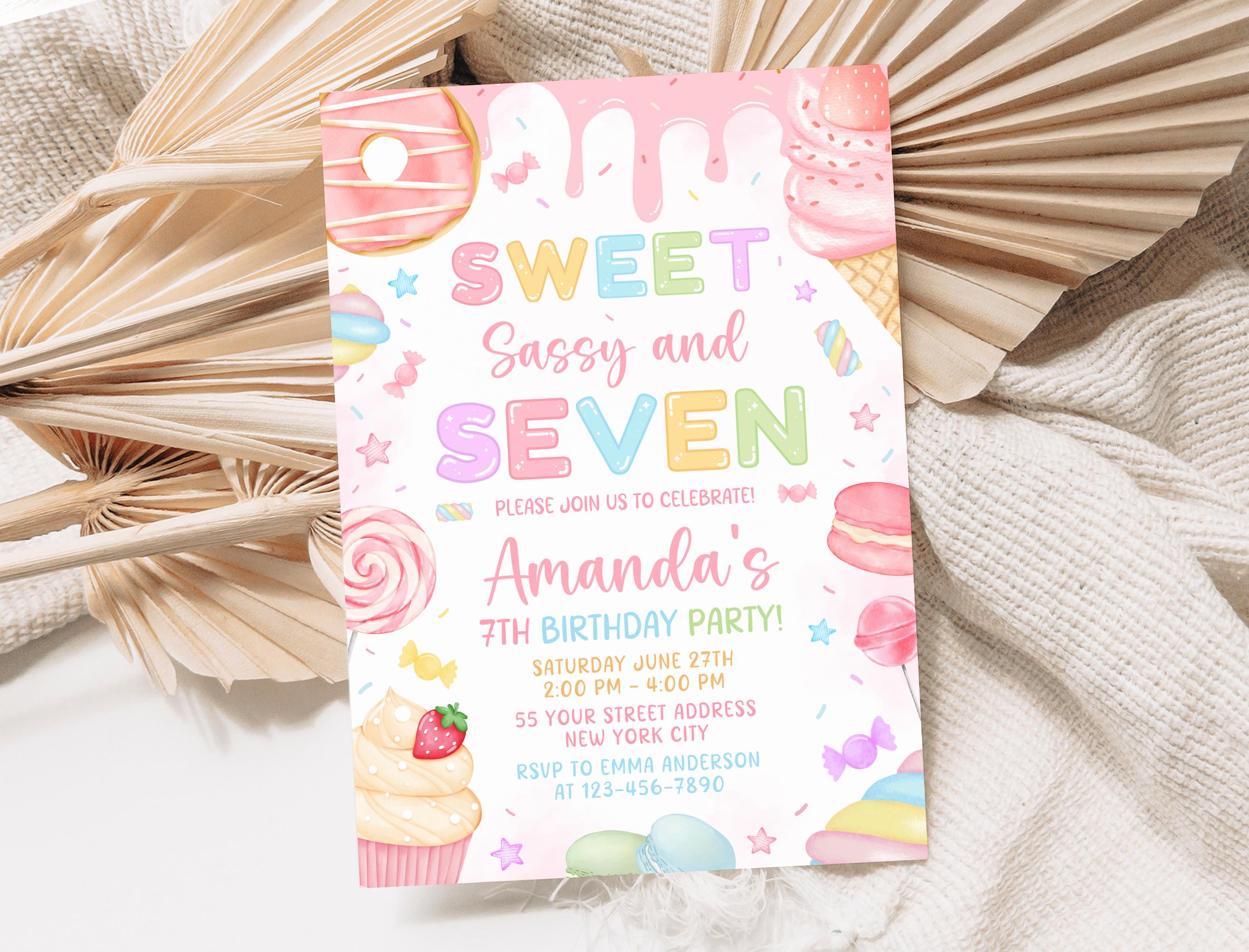 Sweet Sassy and Seven Birthday Invitation, Candy Birthday Invitation ...