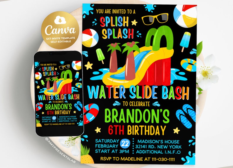 Water Slide Birthday Splash Party Invitation, Water Slide Invitation ...