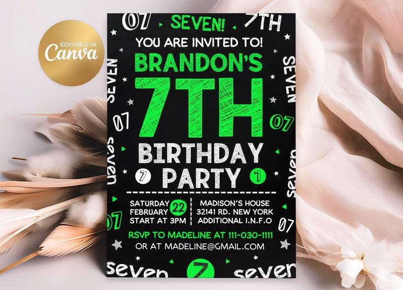 7th Birthday Invitation, 7th Invitation, Editable Boy 7th Birthday ...