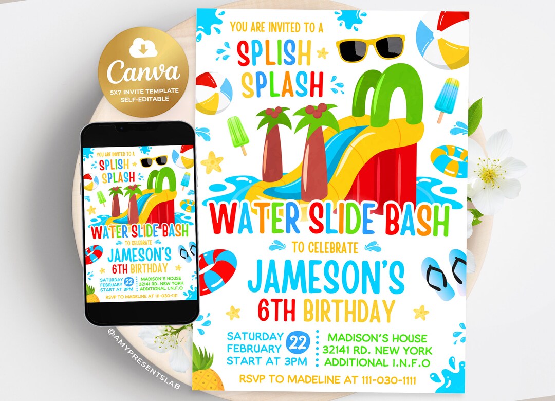 Water Slide Birthday Splash Party Invitation, Water Slide Invitation ...
