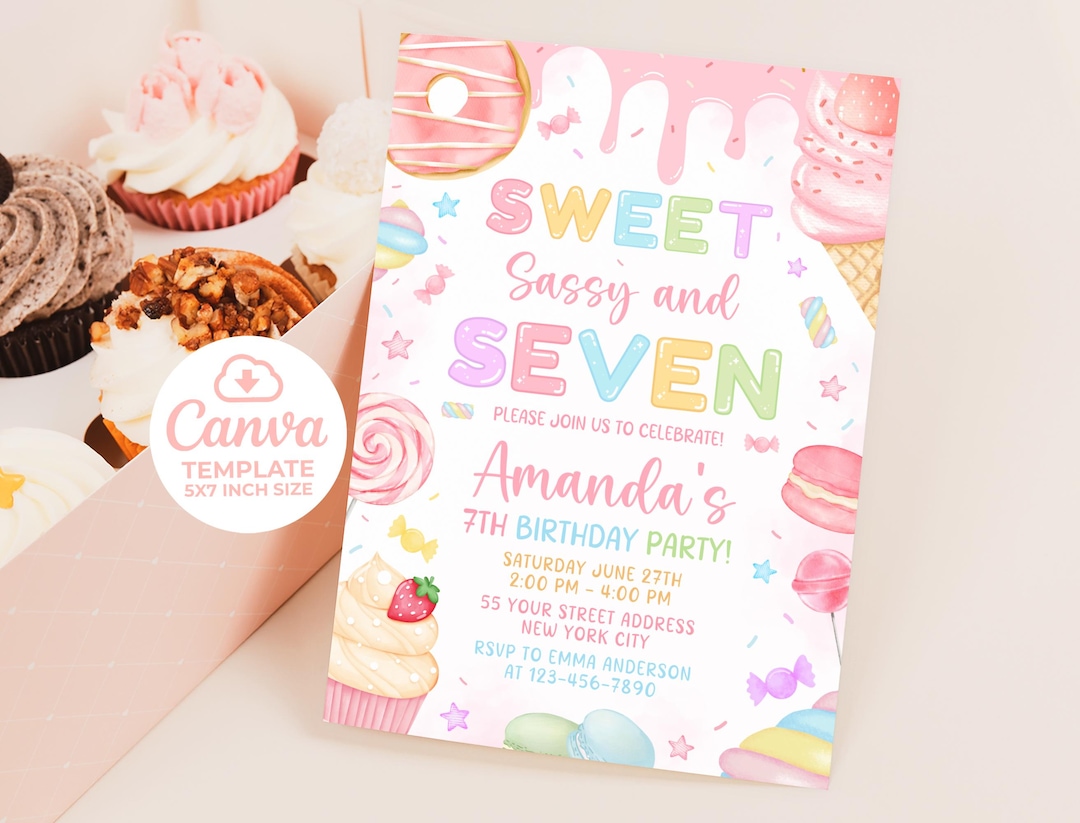 Sweet Sassy and Seven Birthday Invitation, Candy Birthday Invitation ...