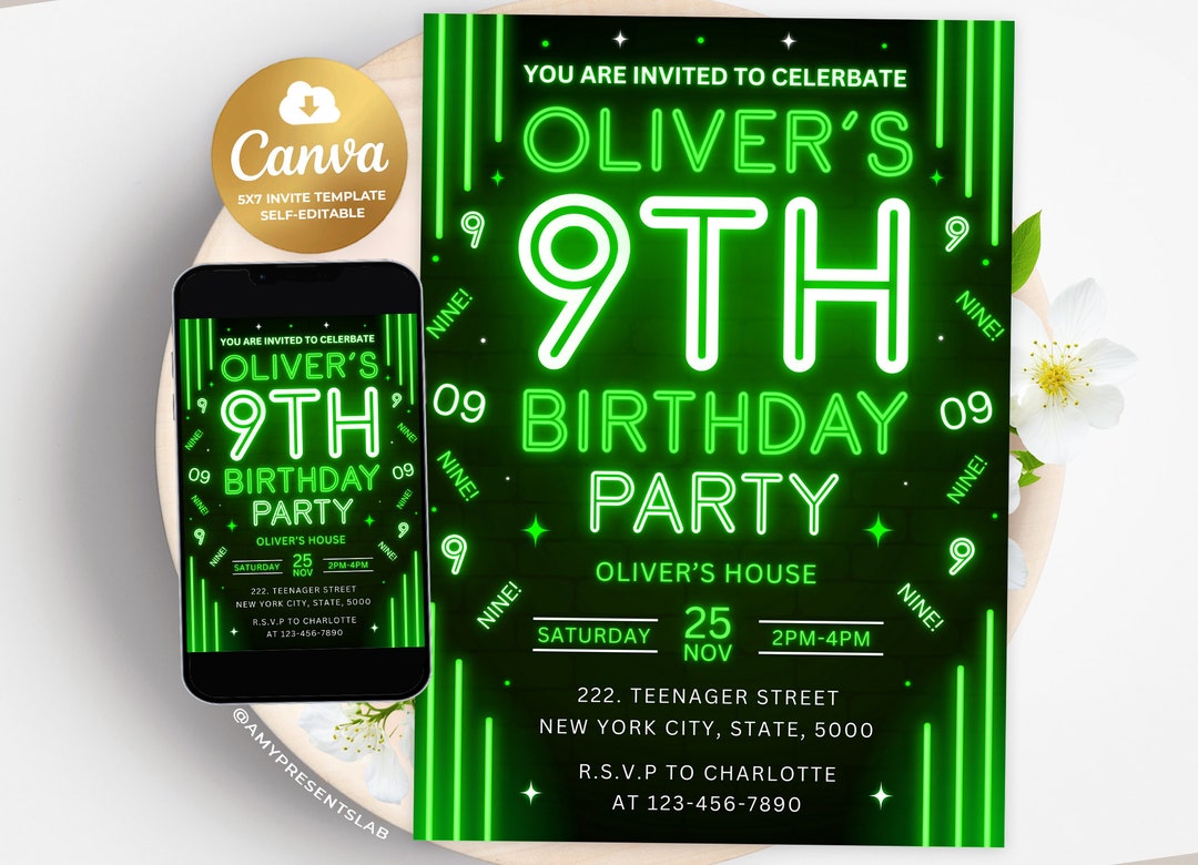 9th Birthday Invitation, Boy 9th Invitation, Editable Neon 9th Birthday ...