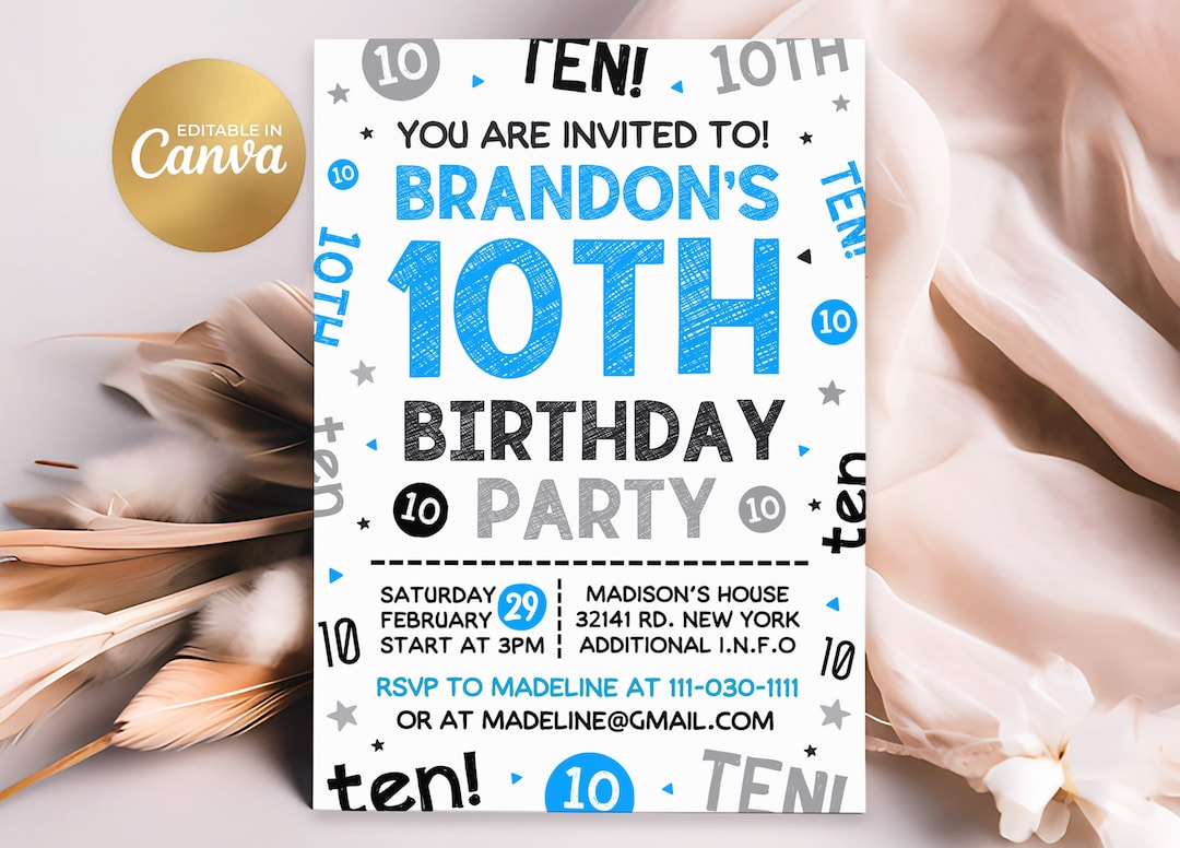 10th Birthday Invitation, 10th Invitation, Editable Boy 10th Birthday ...