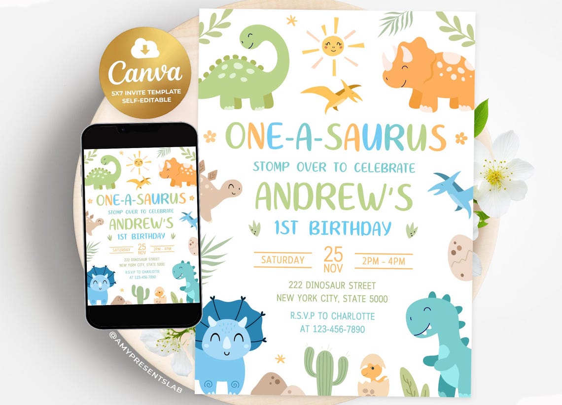 Dinosaur First Birthday Invitation, Boy One-a-saurus Dinosaur ...