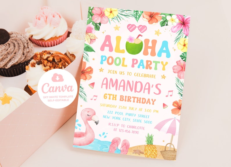 Aloha Pool Party Invitation, Hawaiian Birthday Invitation, Girl Summer ...