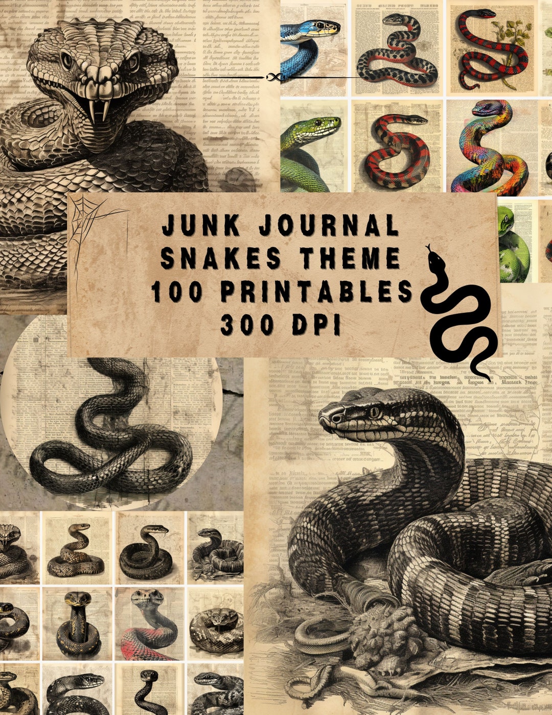 Snakes Vintage Junk Journal Kit Pack of 100 Vintage Images, Degital ...