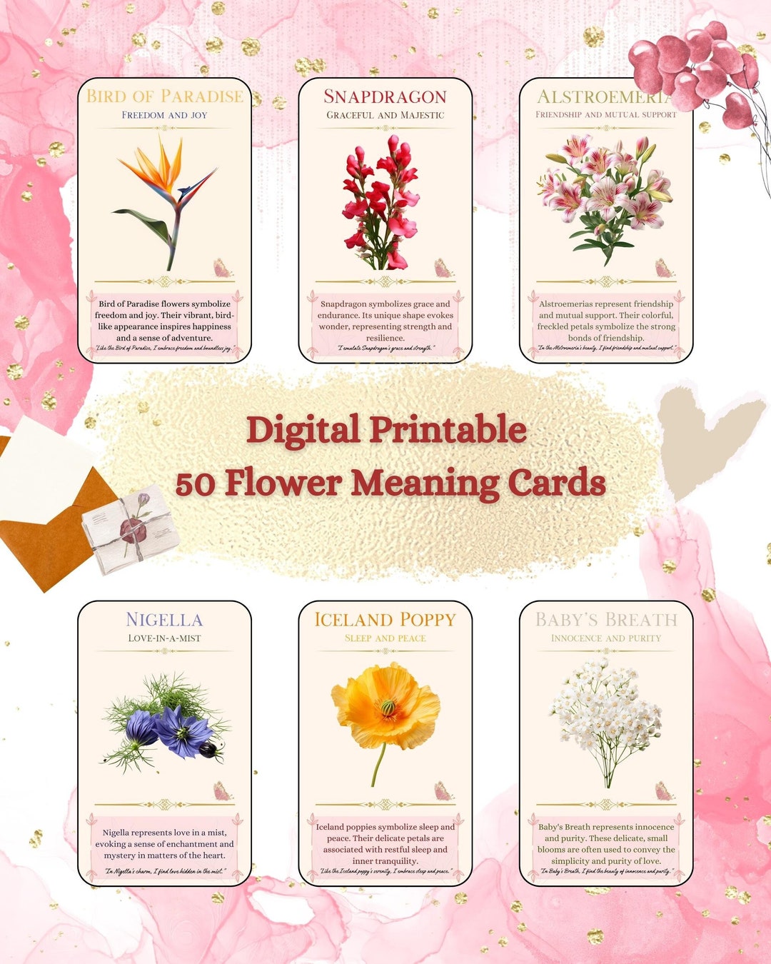 50 Printable Flower Meaning Cards, Flower Language Cards, Love Cards ...