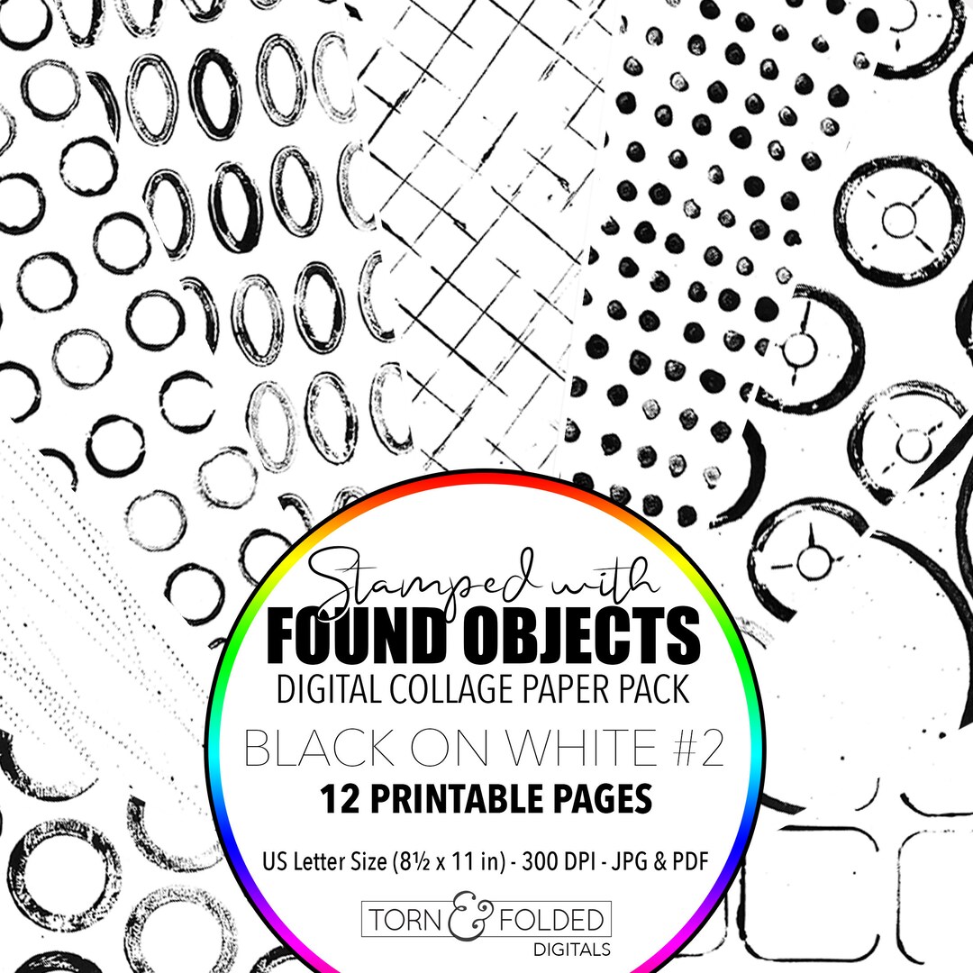 Stamped With Found Objects Digital Collage Paper Pack Black on White 2 ...